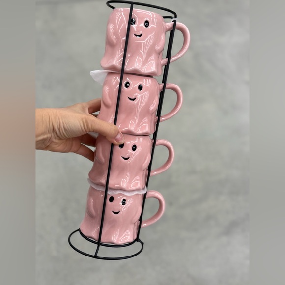 Other | Set Of Pink Smiley Face Mugs With Holder | Poshmark